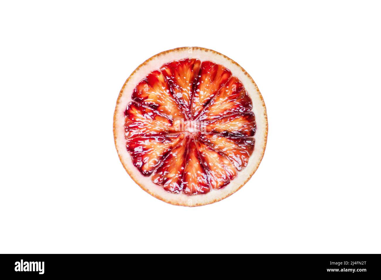 Single orange slice with red streaks and pips isolated on white ...