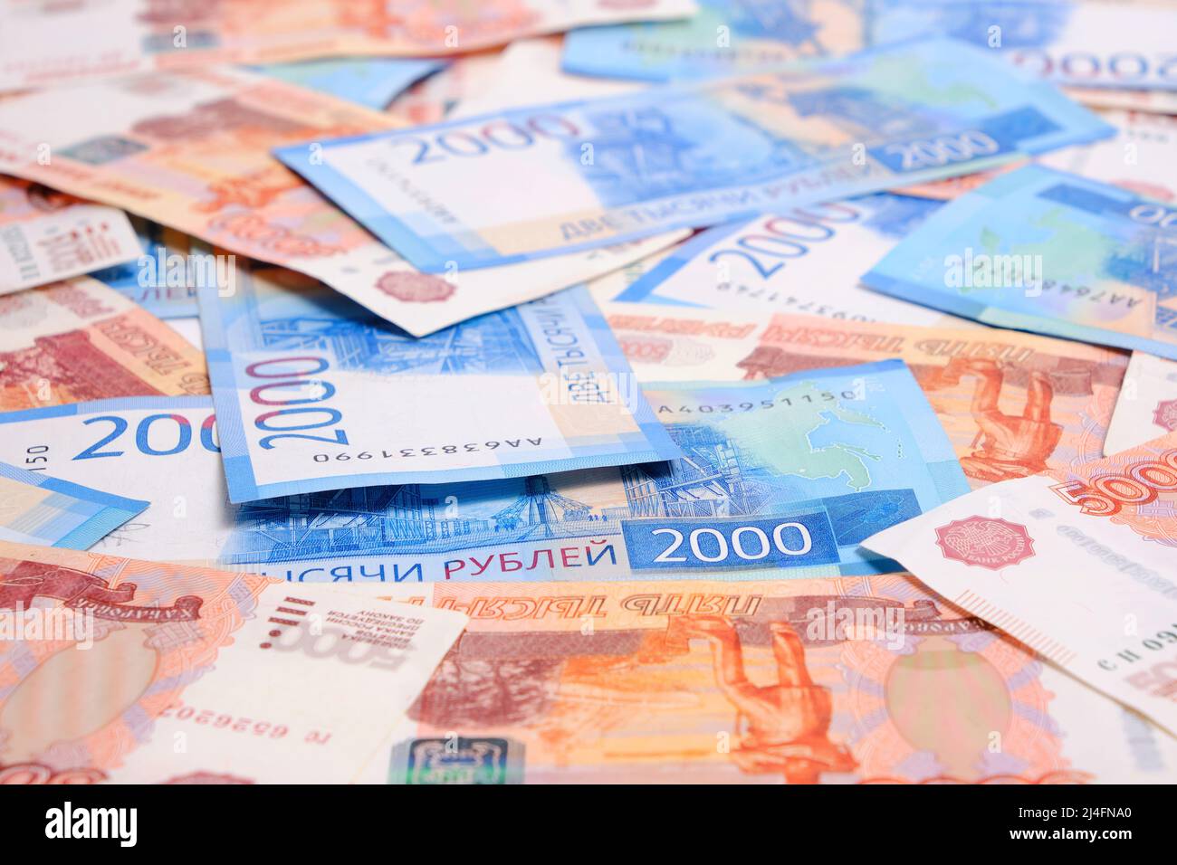 Background, Russian rubles banknotes in denominations of two and five ...