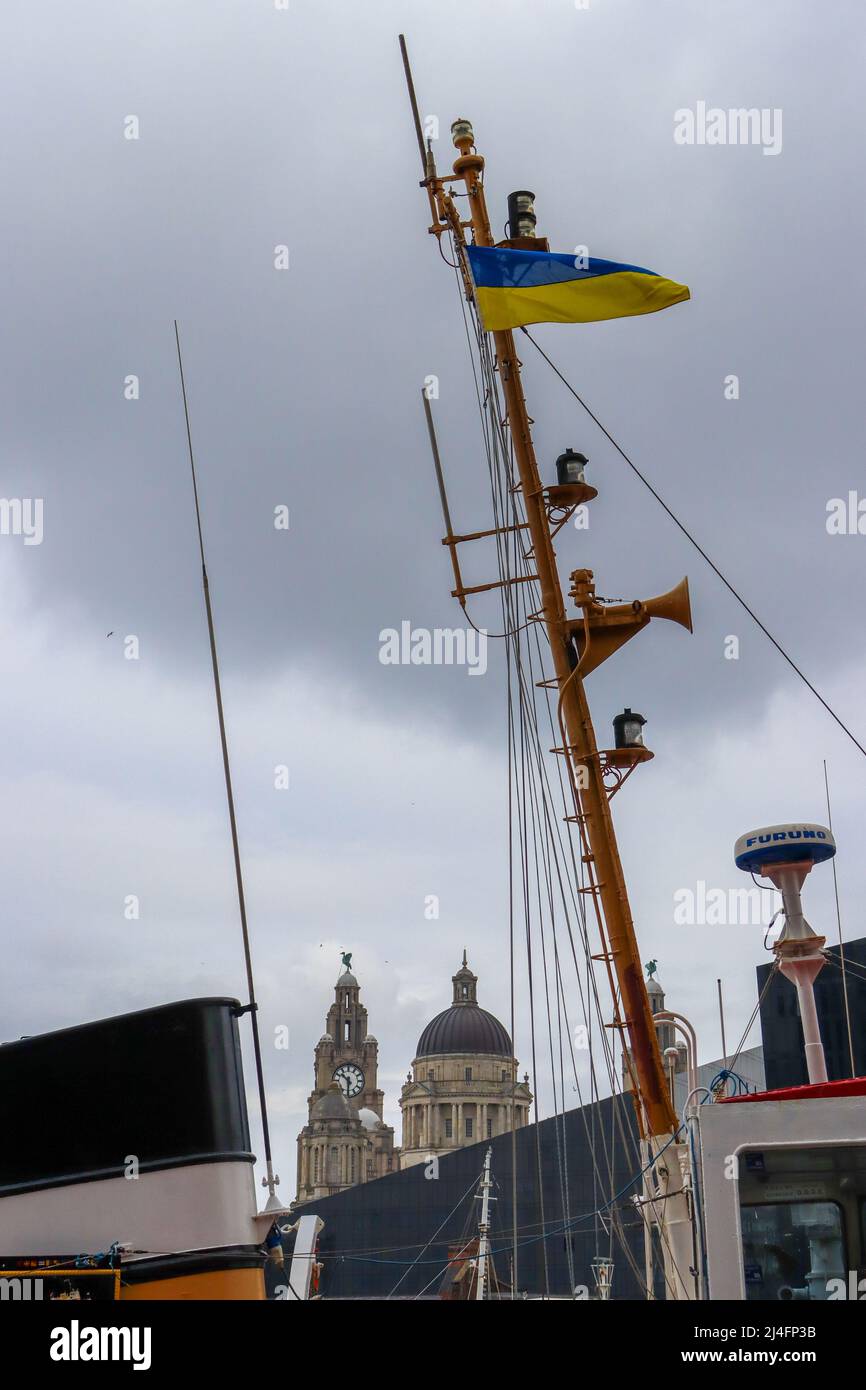 Liverpool ship at The Albert Dock with Ukrainian Flag flying upon the ...