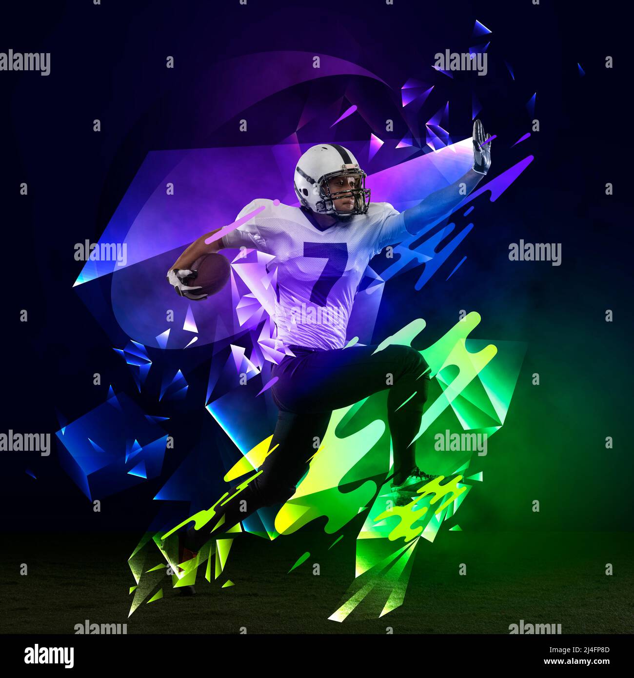 Bright poster with american football player in motion and action with ...