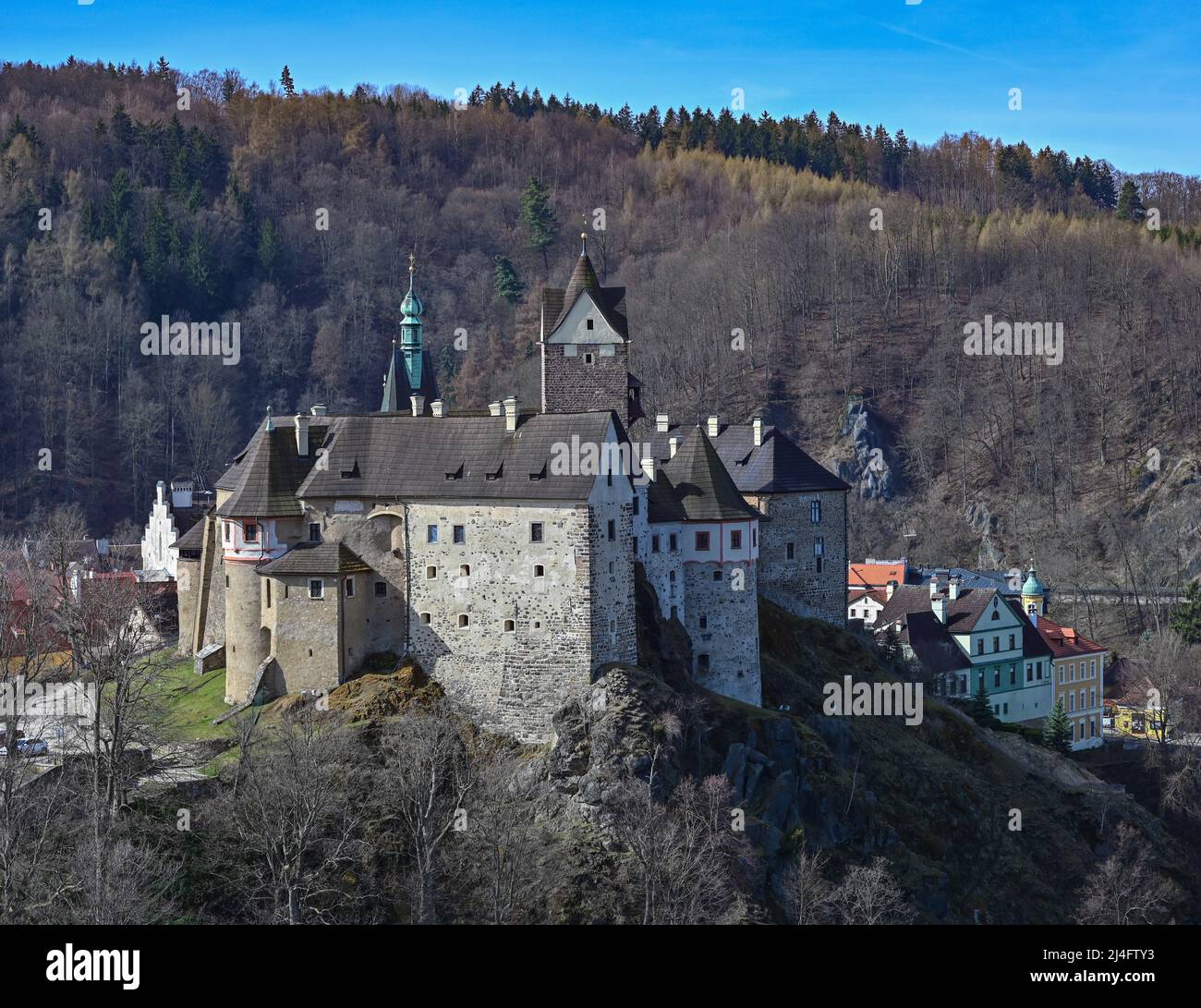12 April 2022, Czech Republic, Loket: Loket Castle (Czech: Hrad Loket ...