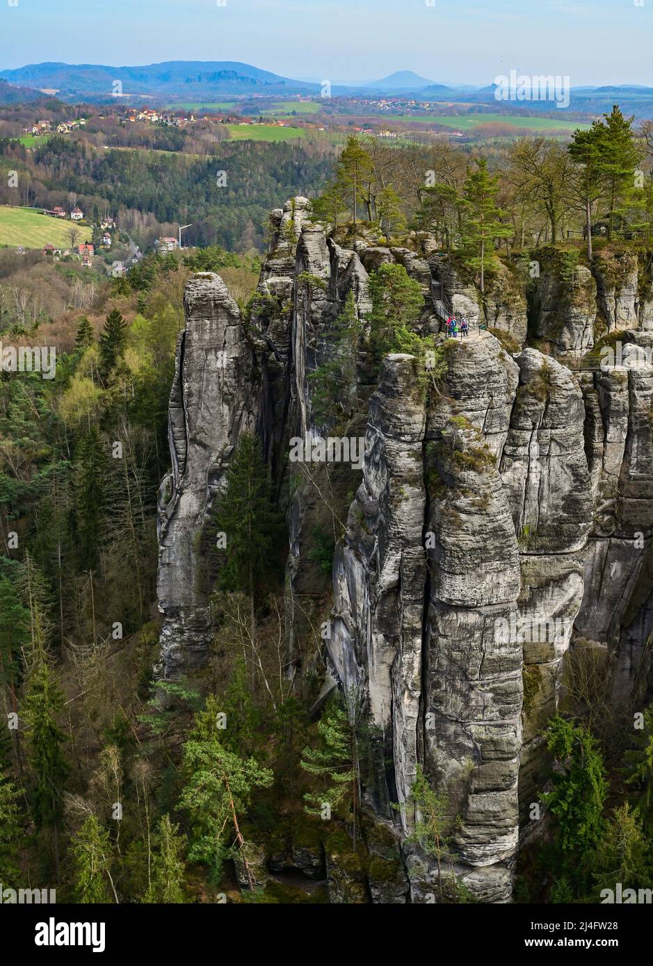 13 April 2022, Saxony, Lohmen: The Elbe Sandstone Mountains in the ...