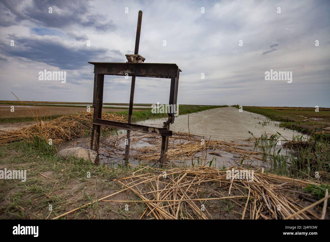 Old Soviet hydrotechnic system for paddy field water supplying. Rust ...