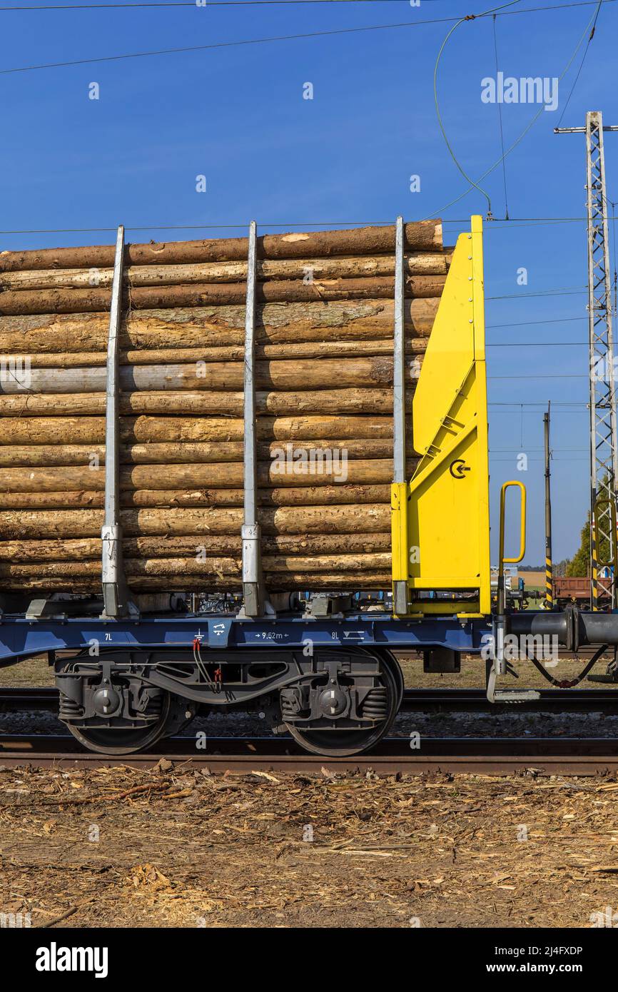 Woodworking industry. Wagons laden with wood in Czech Republic. Timber ...