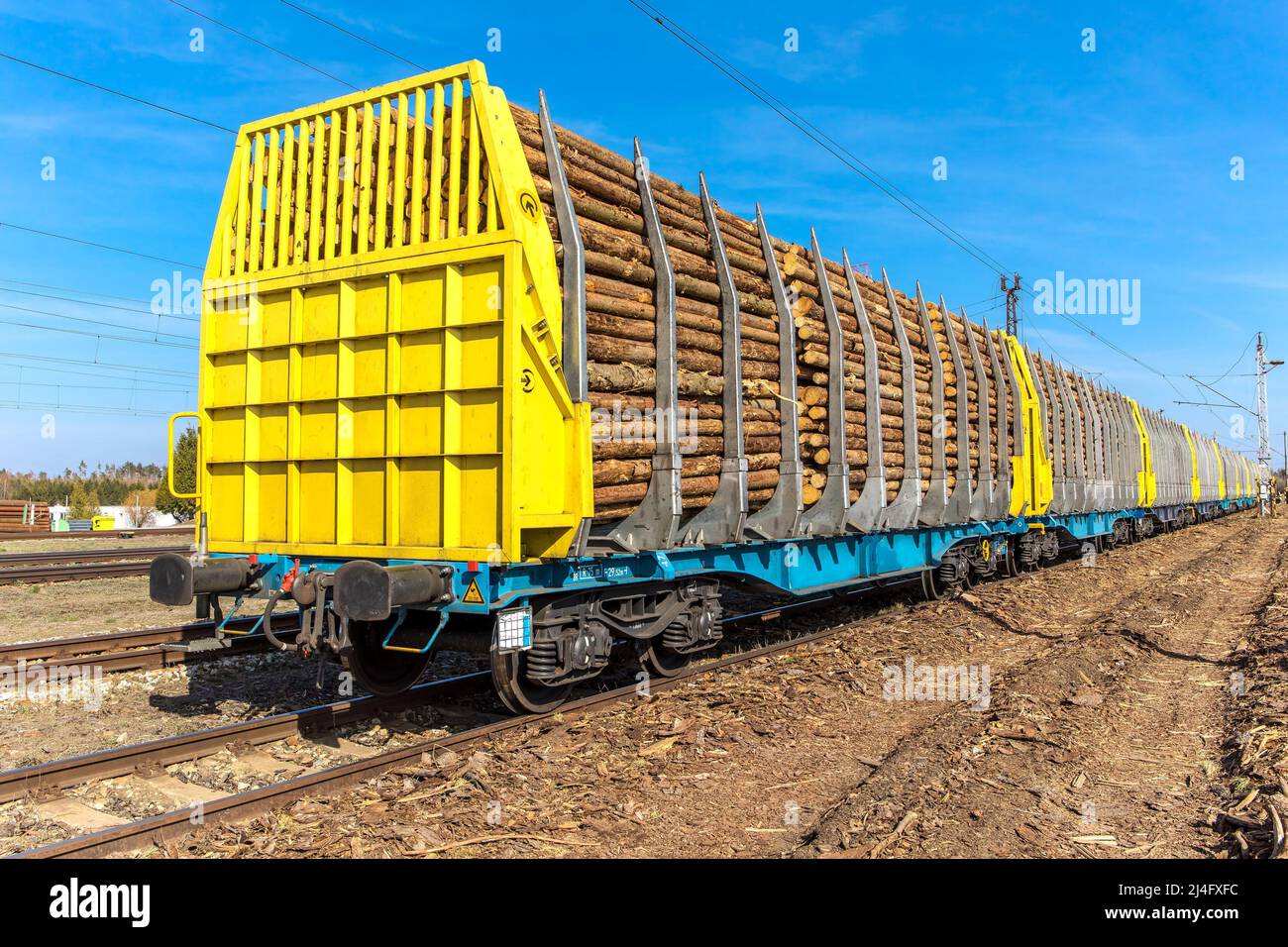 Woodworking industry. Wagons laden with wood in Czech Republic. Timber ...