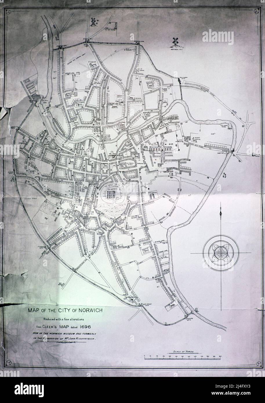 Cleer's map 1696, of the City of Norwich, Norfolk, England, UK Stock ...