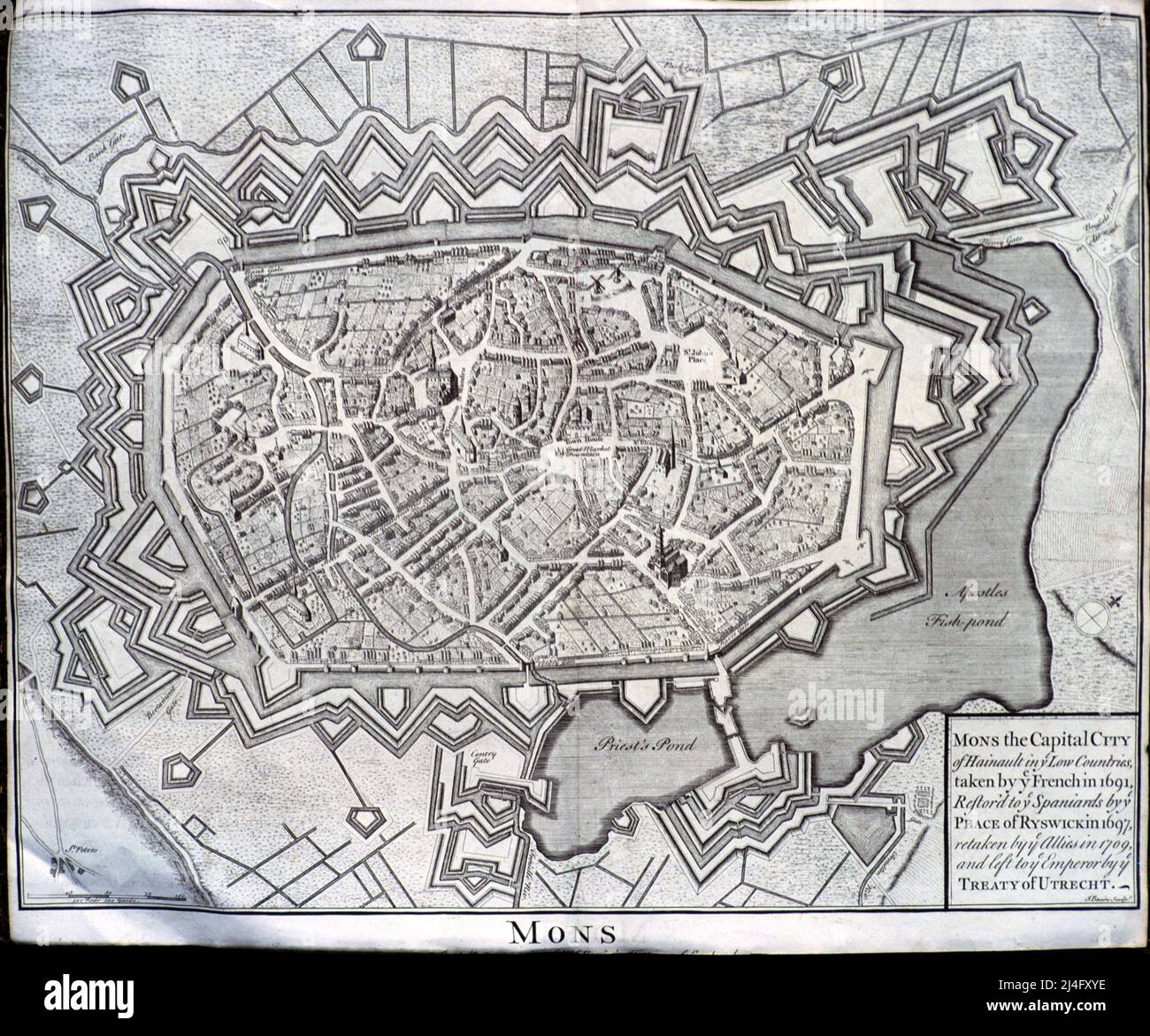 Historic 18th century engraving map of city of Mons, capital of ...