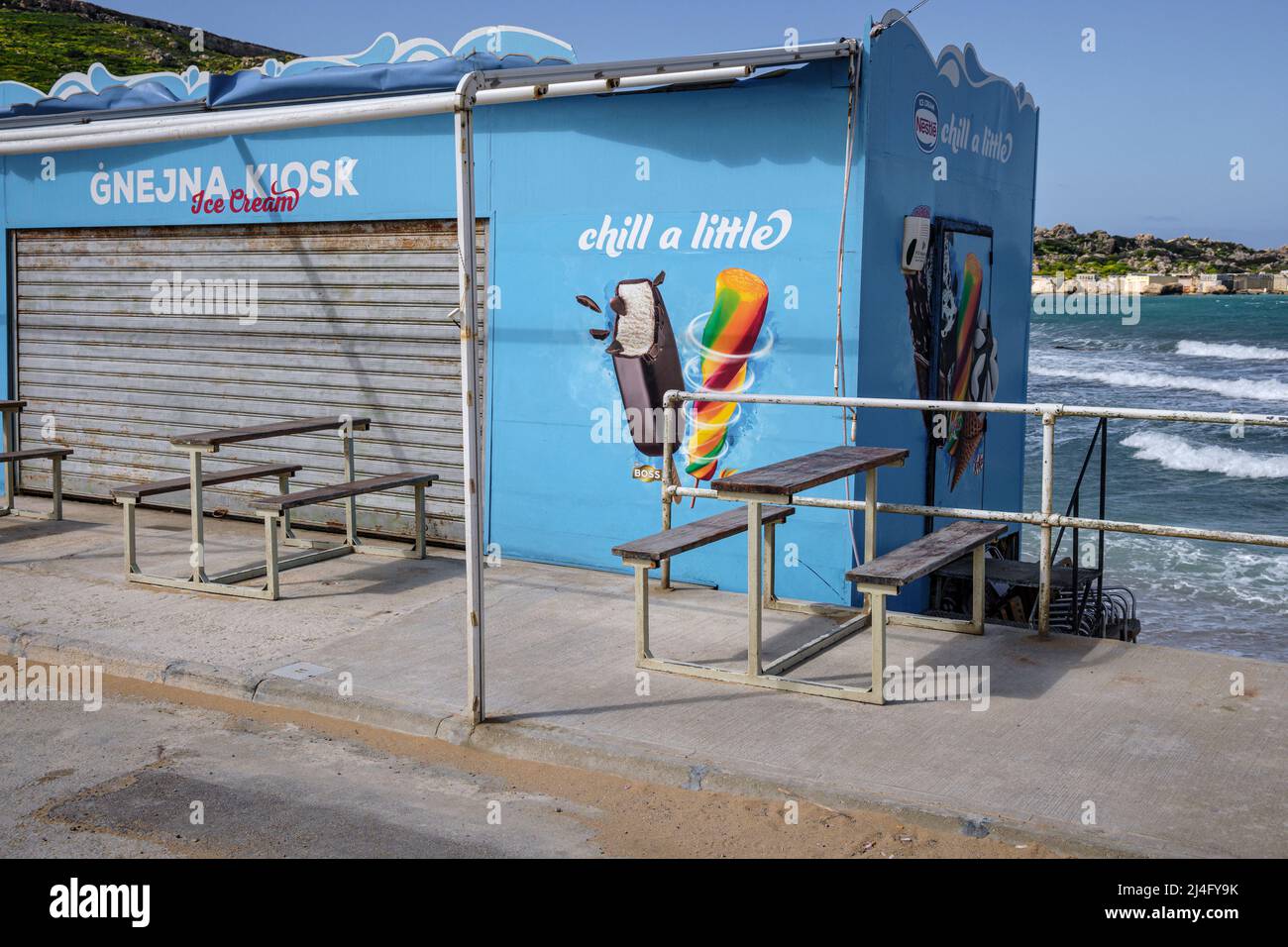 Closed ice cream kiosk out of season, Gnejna Bay, Malta Stock Photo - Alamy