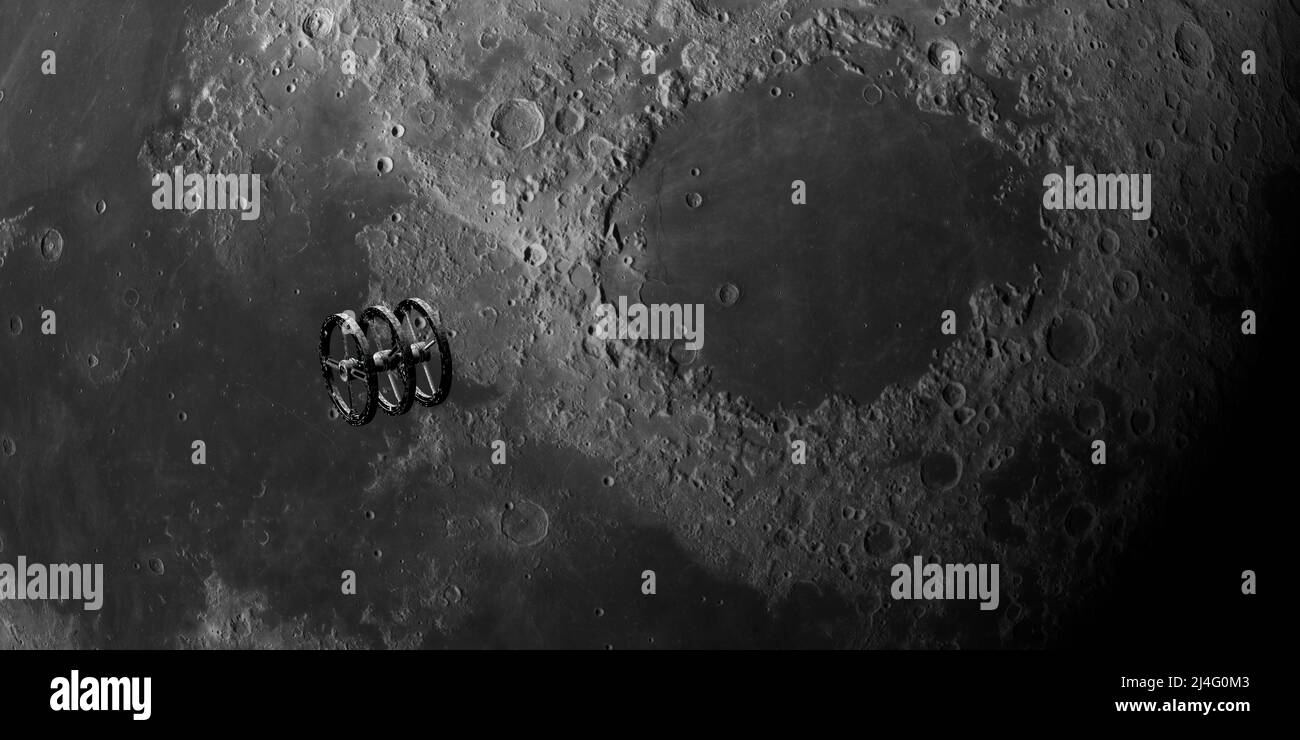 Spaceship overflying moon surface. Mare Crisium Stock Photo - Alamy