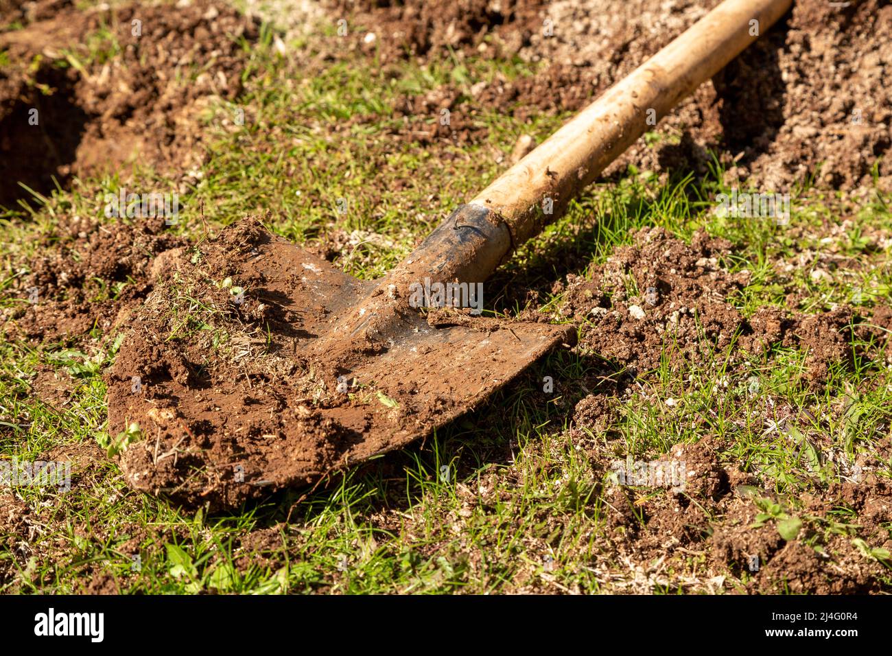 Used farming shovel with soil on it. The metal part of the shovel is in ...