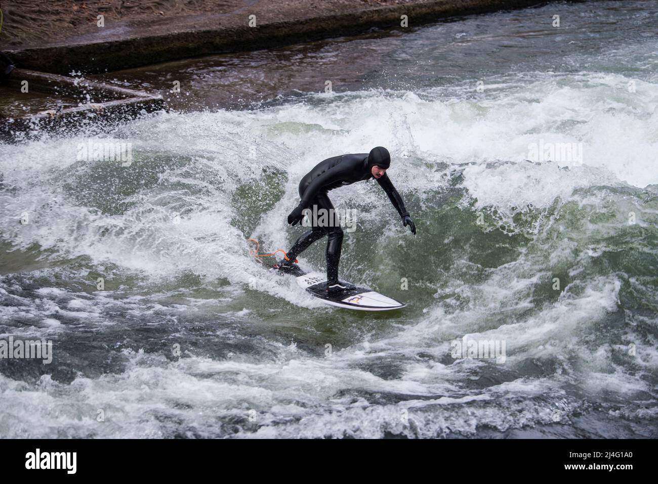 Munich, Germany - December 20, 2021: Surfer in the city river, Munich ...