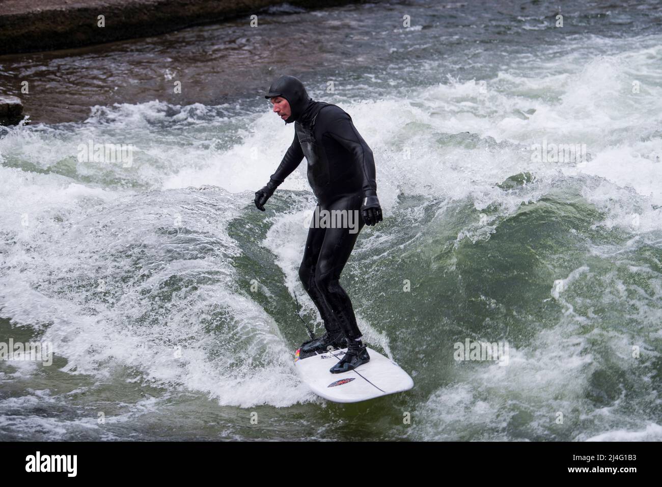 Munich, Germany - December 20, 2021: Surfer in the city river, Munich ...