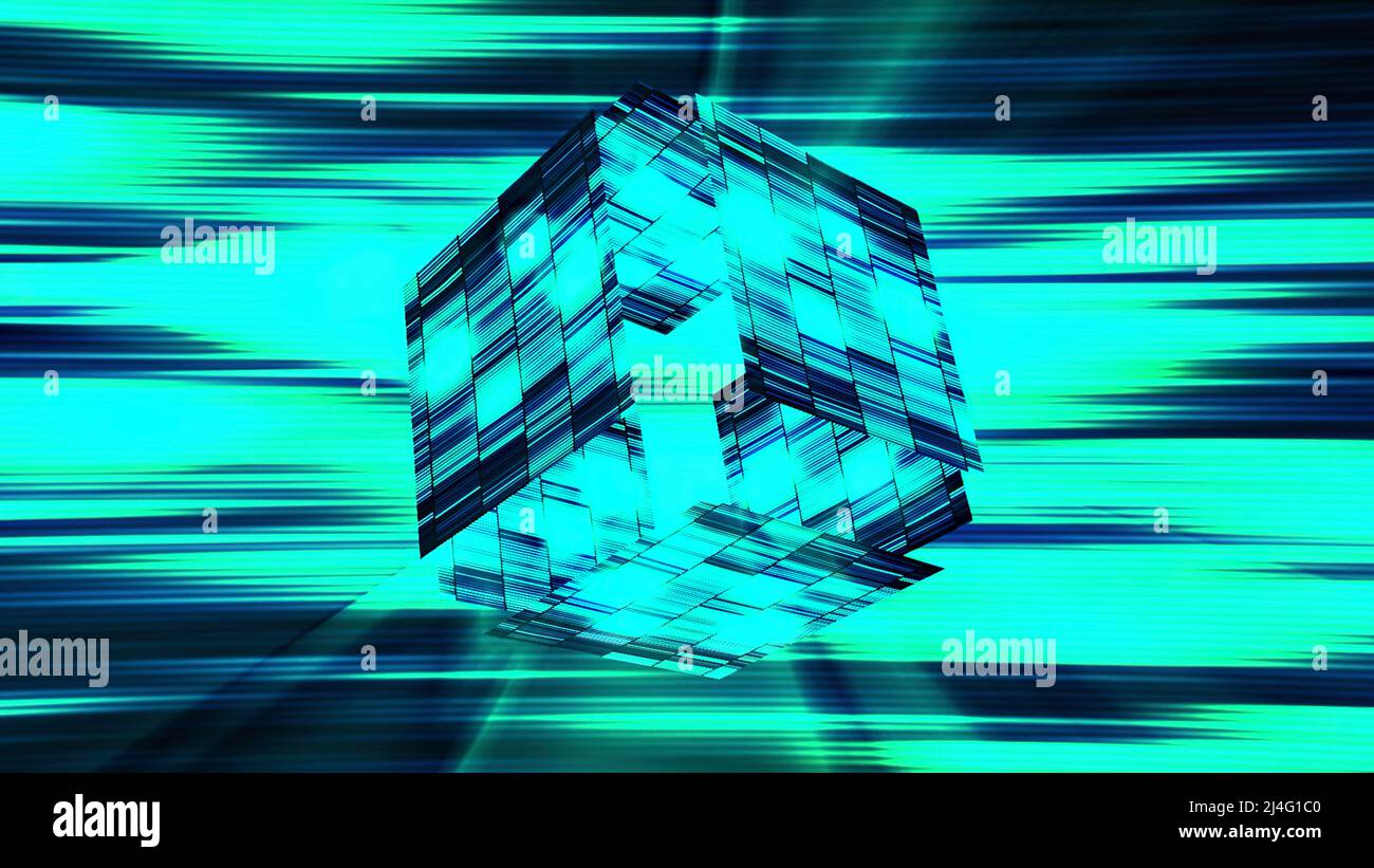 Glowing cube opens in cyberspace. Motion. Virtual 3D cube opens as ...
