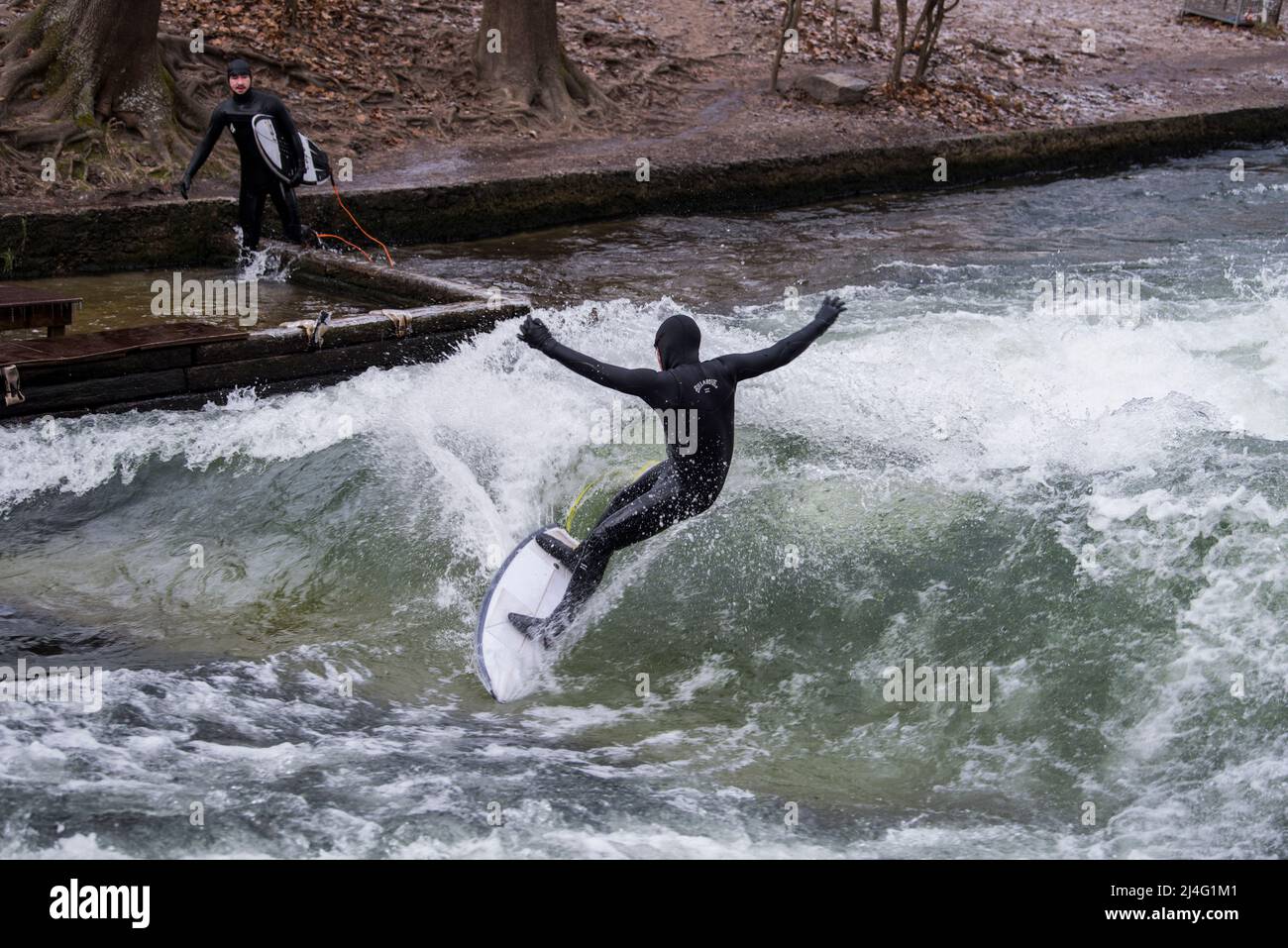 Munich, Germany - December 20, 2021: Surfer in the city river, Munich ...
