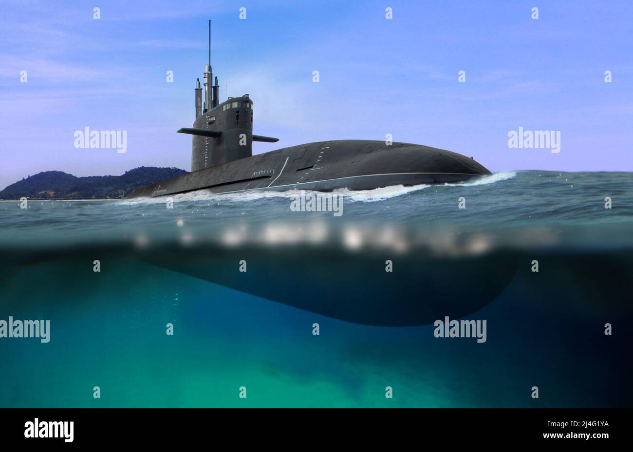 Naval submarine floating and half submerged in shallow water Stock ...