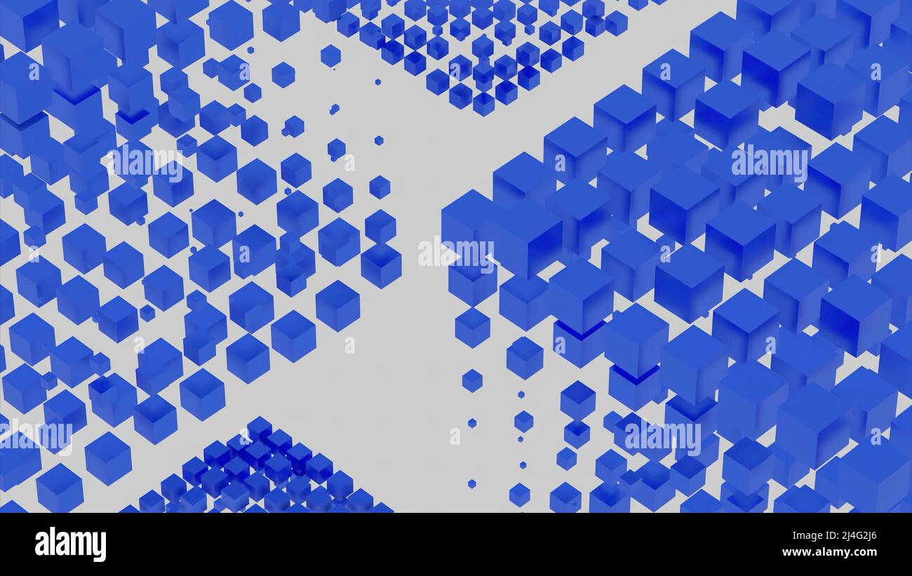 Blocks of blue 3D different size cubes hanging in the air. Design ...