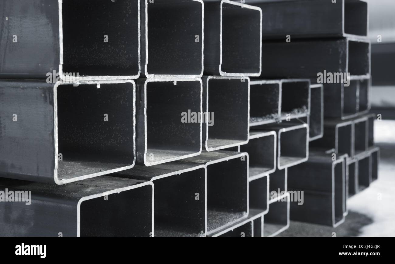 Stacked rolled metal products, steel pipes with rectangular cross ...