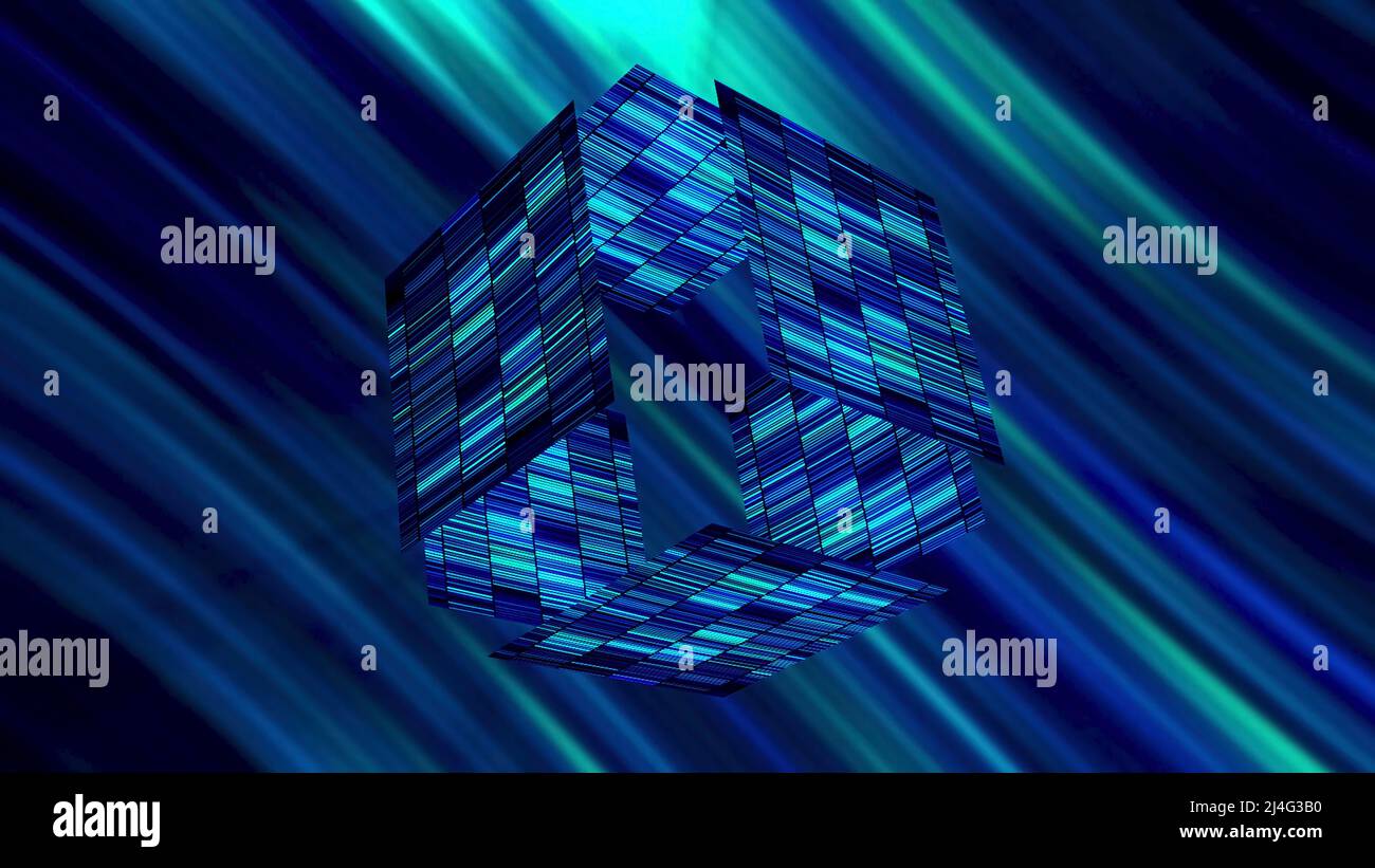 Virtual 3D cube in game space. Motion. Bright glowing cube is ...