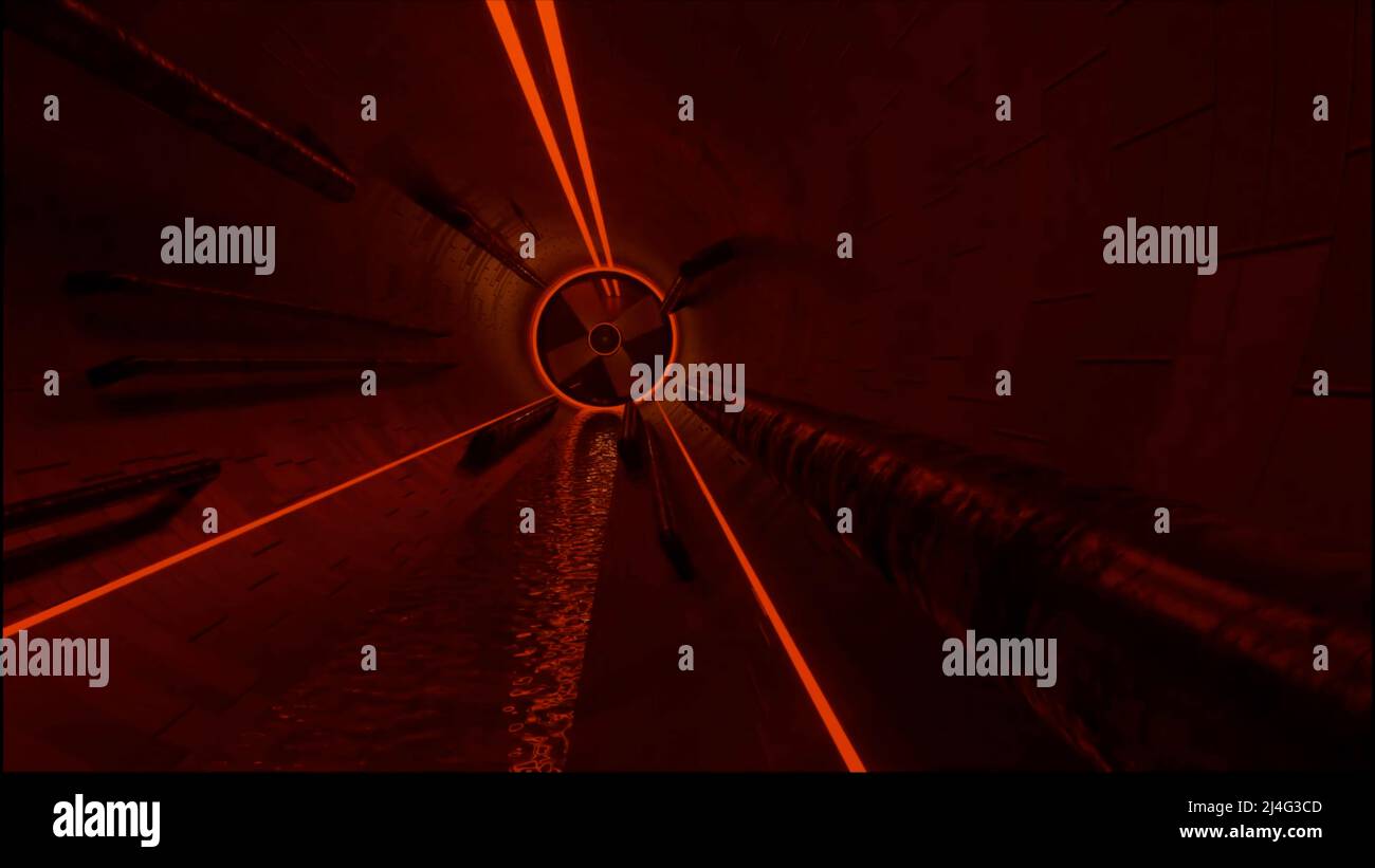 Abstract city sewerage in red dim lighting. Design. Moving inside round ...