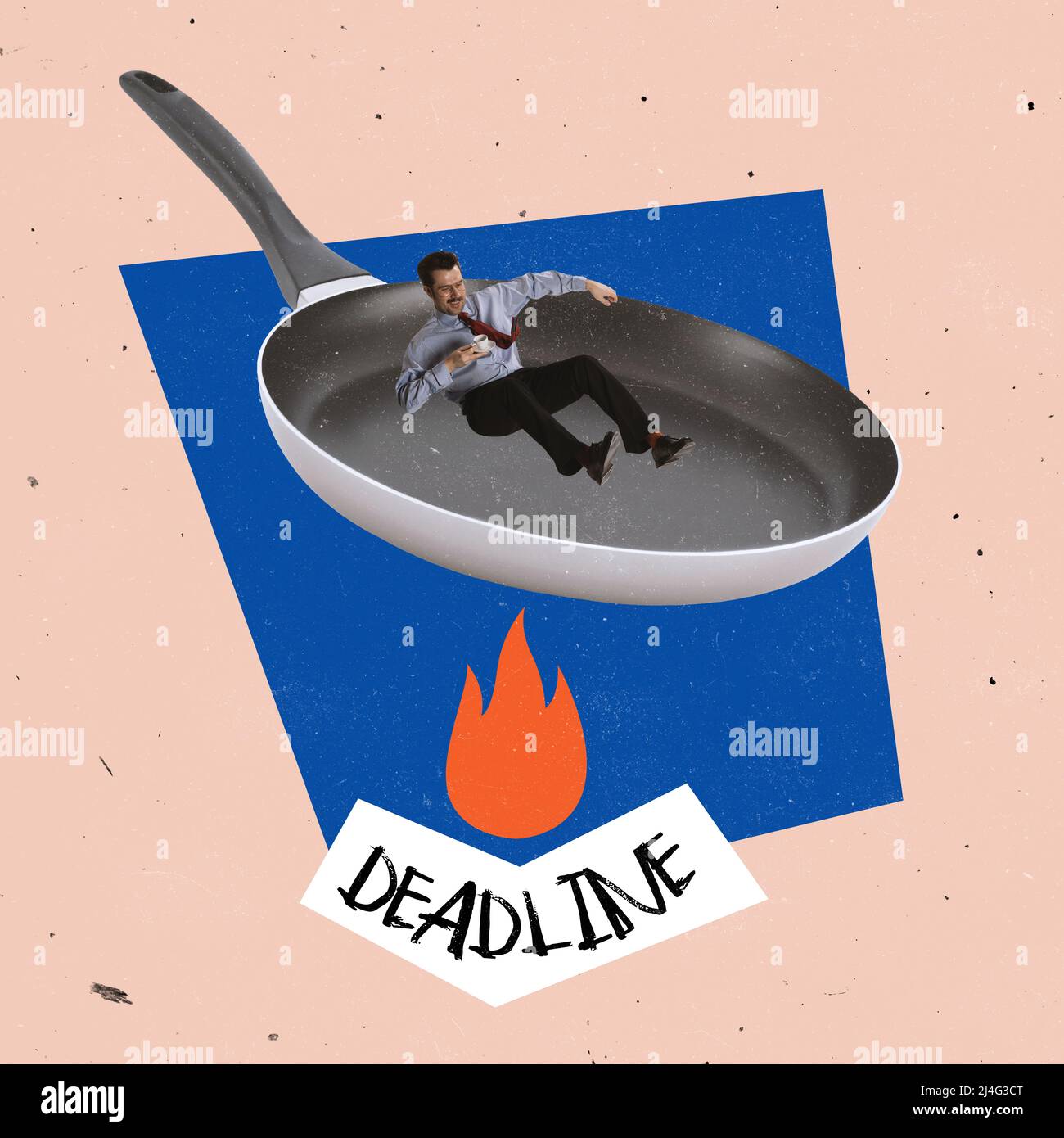 Contemporary art collage. Businessman sitting on frying pan symbolizing ...