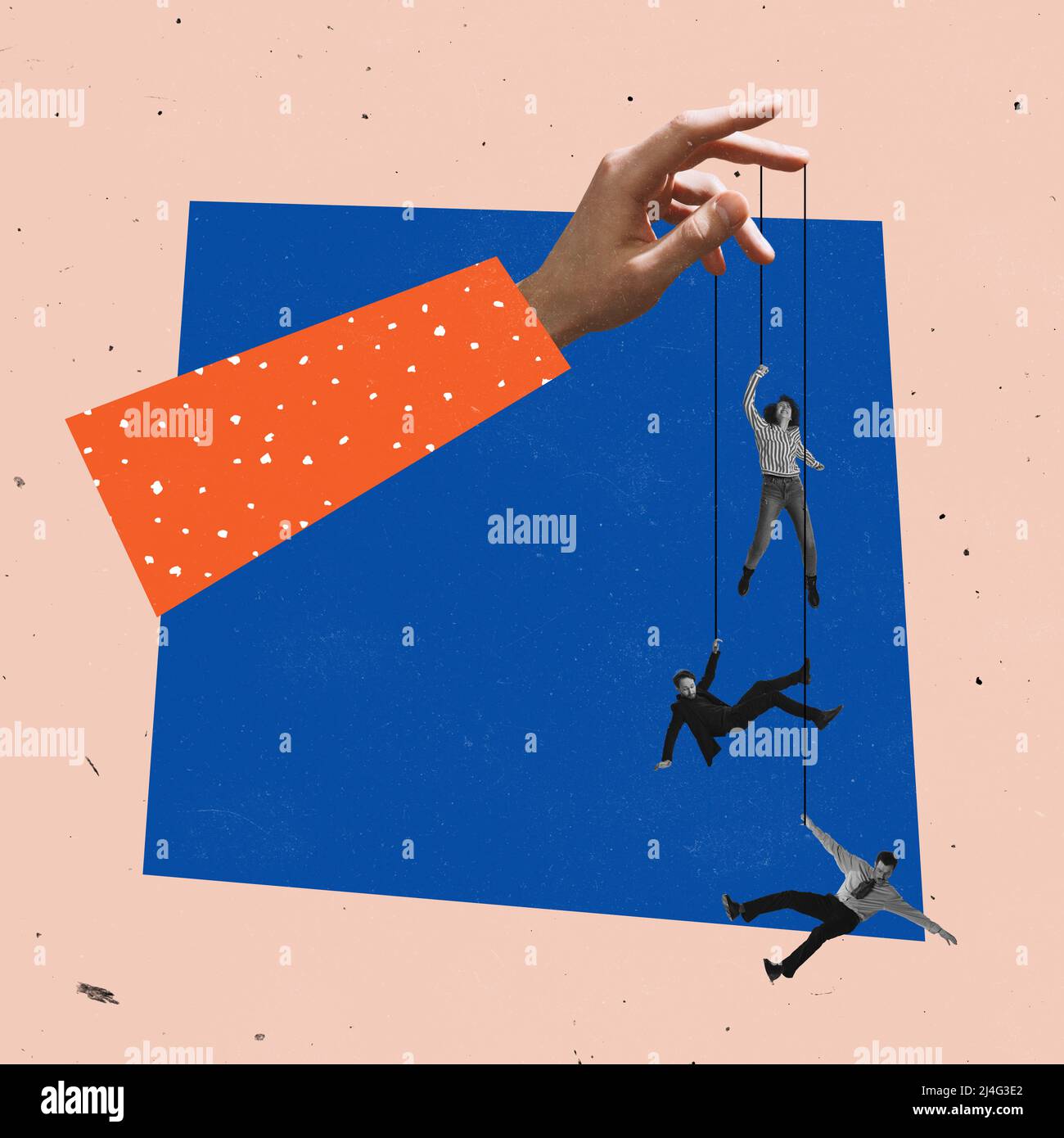 Contemporary art collage. Hand holding strings attached to business ...