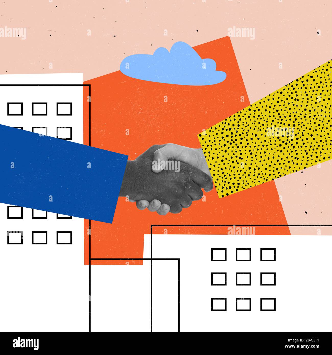 Contemporary art collage. Hands shaking symbolizing business ...