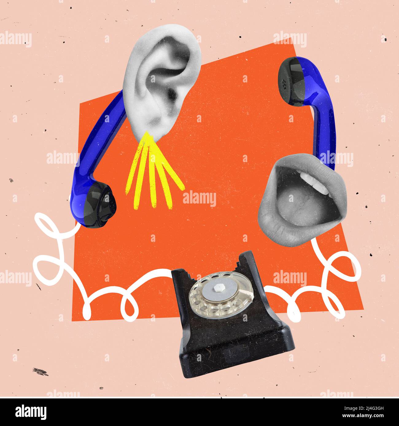 Contemporary art collage. Human ear and mouth with phone elements ...
