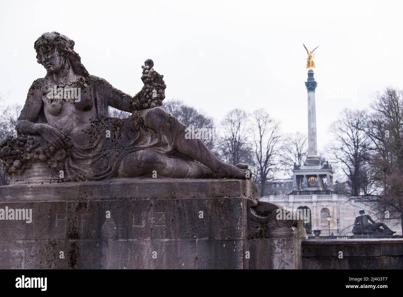 Germany, Munich- December 20,2021: A stone monument adorning the Munich ...