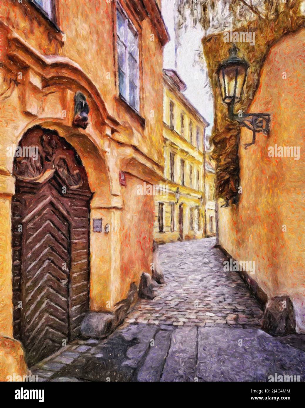Prague Czechia drawing in oil city center vintage houses and ...
