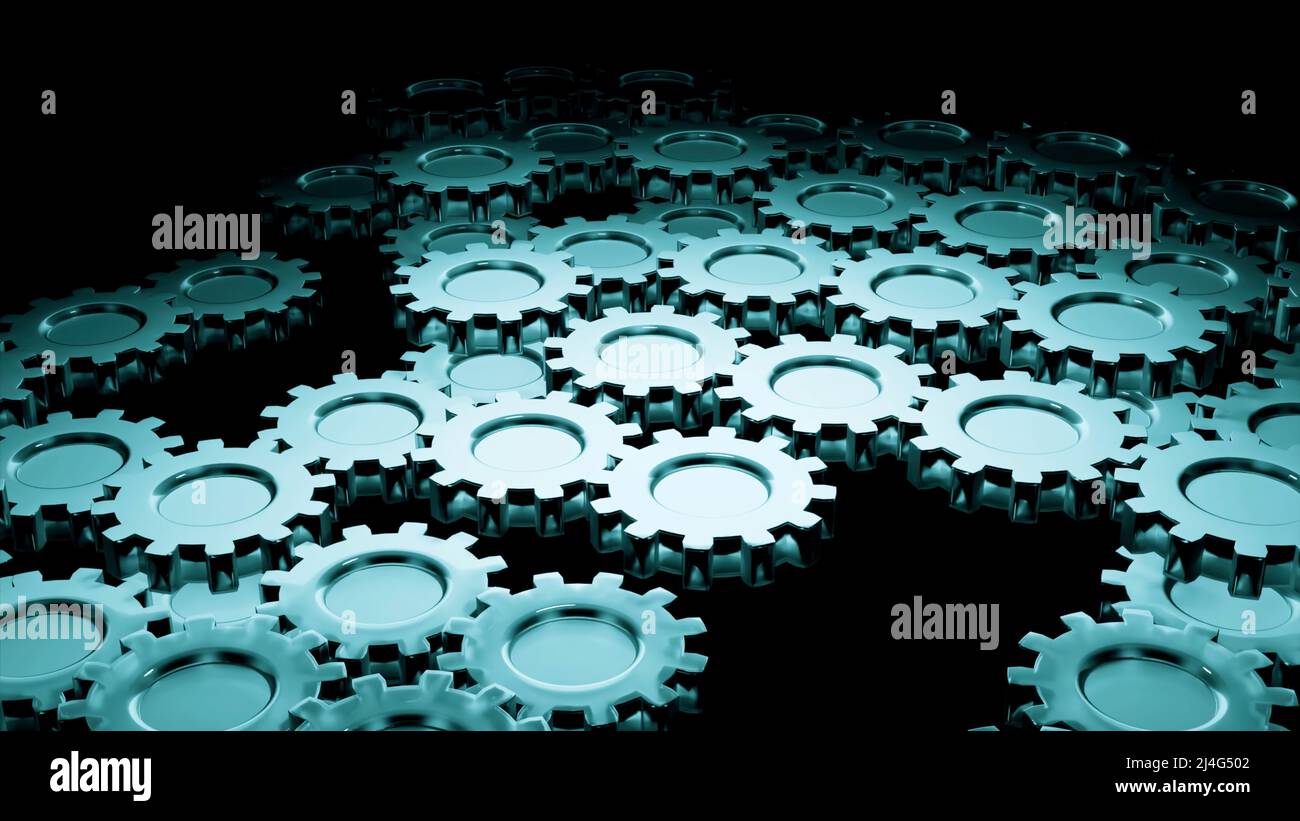 Abstract sketched gears moving and spinning on a black background ...