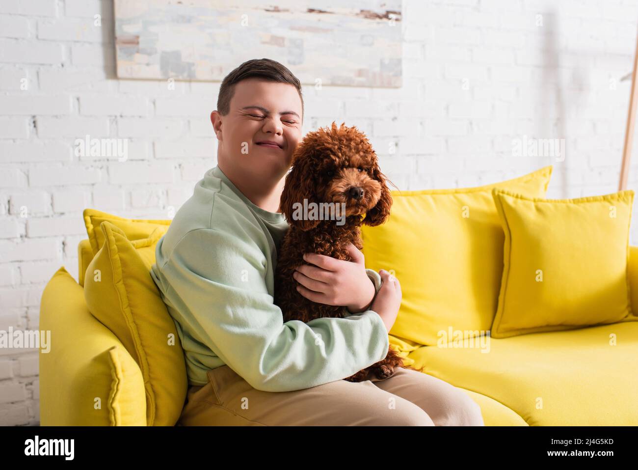 Happy teenager with down syndrome hugging poodle on couch Stock Photo ...