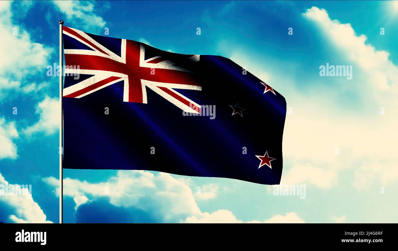 The bright flag of New Zealand. Motion. A flag on a bright blue sky of ...