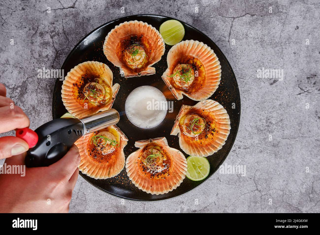 Scallops with flamed shells on a black plate. Luxury restaurant food ...