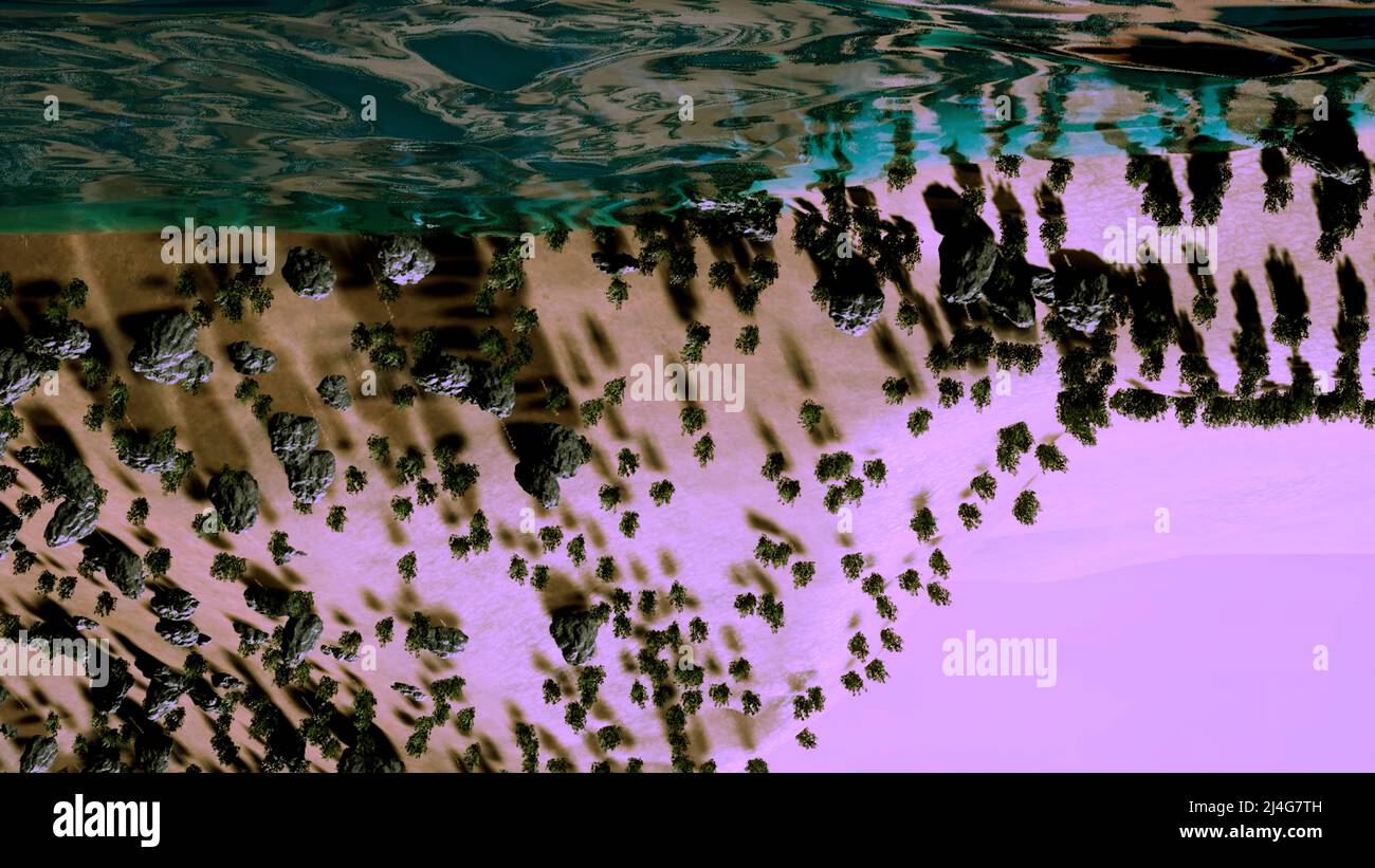 Abstract aerial view of algae beach and the sea turned upside down ...