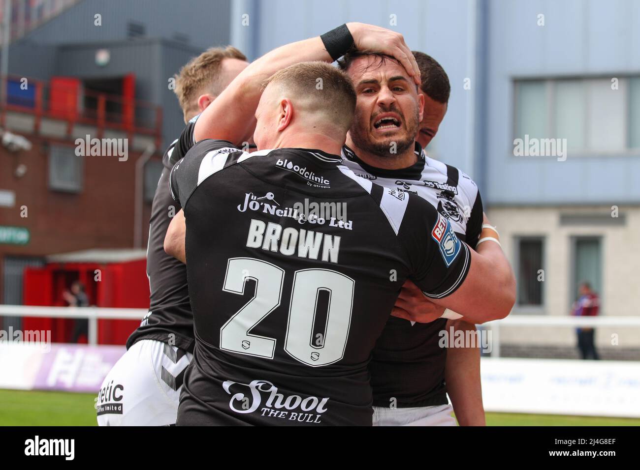 Josh Reynolds #6 of Hull FC celebrates his try in front of the Hull FC ...