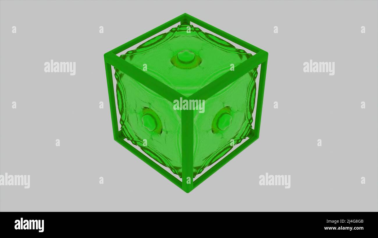 Abstract green cube with liquid substance inside in motion. Design. 3D ...