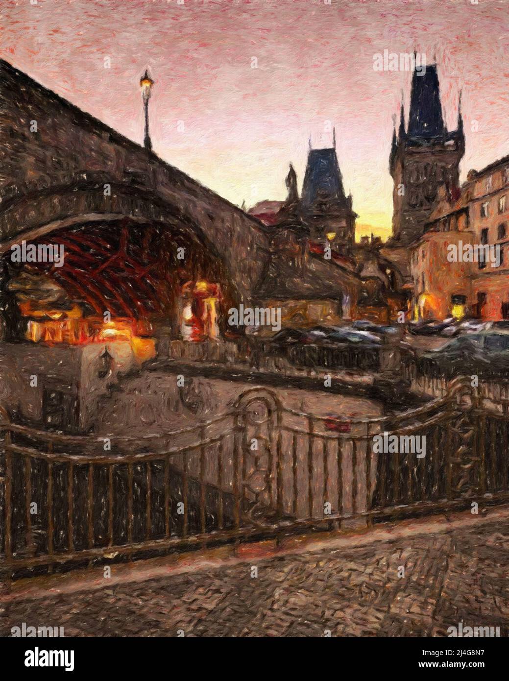 Prague Czechia drawing in oil city center vintage houses and ...