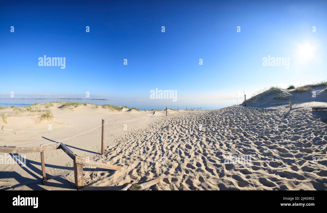 Footstep prints in deep sand on rope bounded path over coastal dune ...