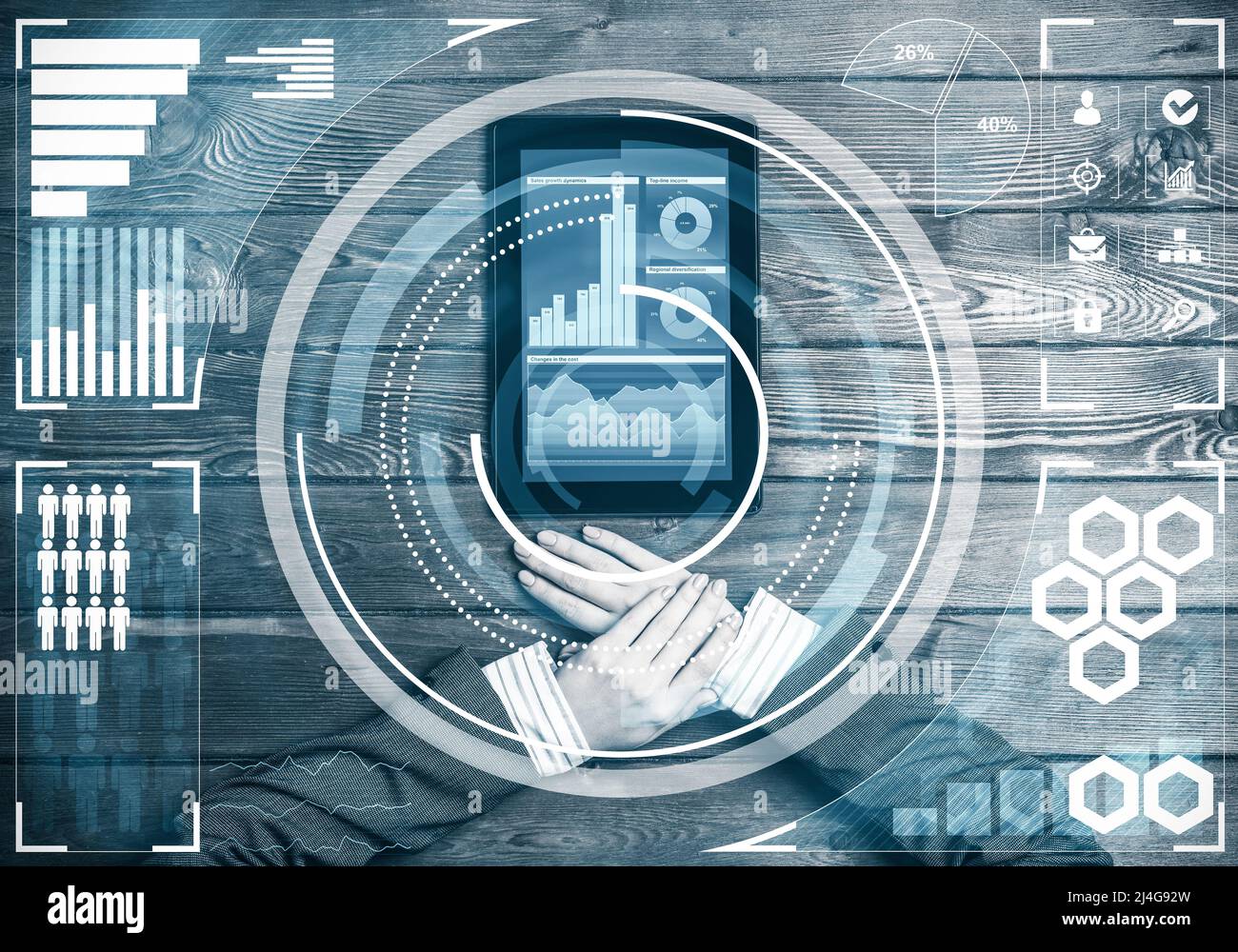 Business workplace with tablet device and media graphs and diagrams ...