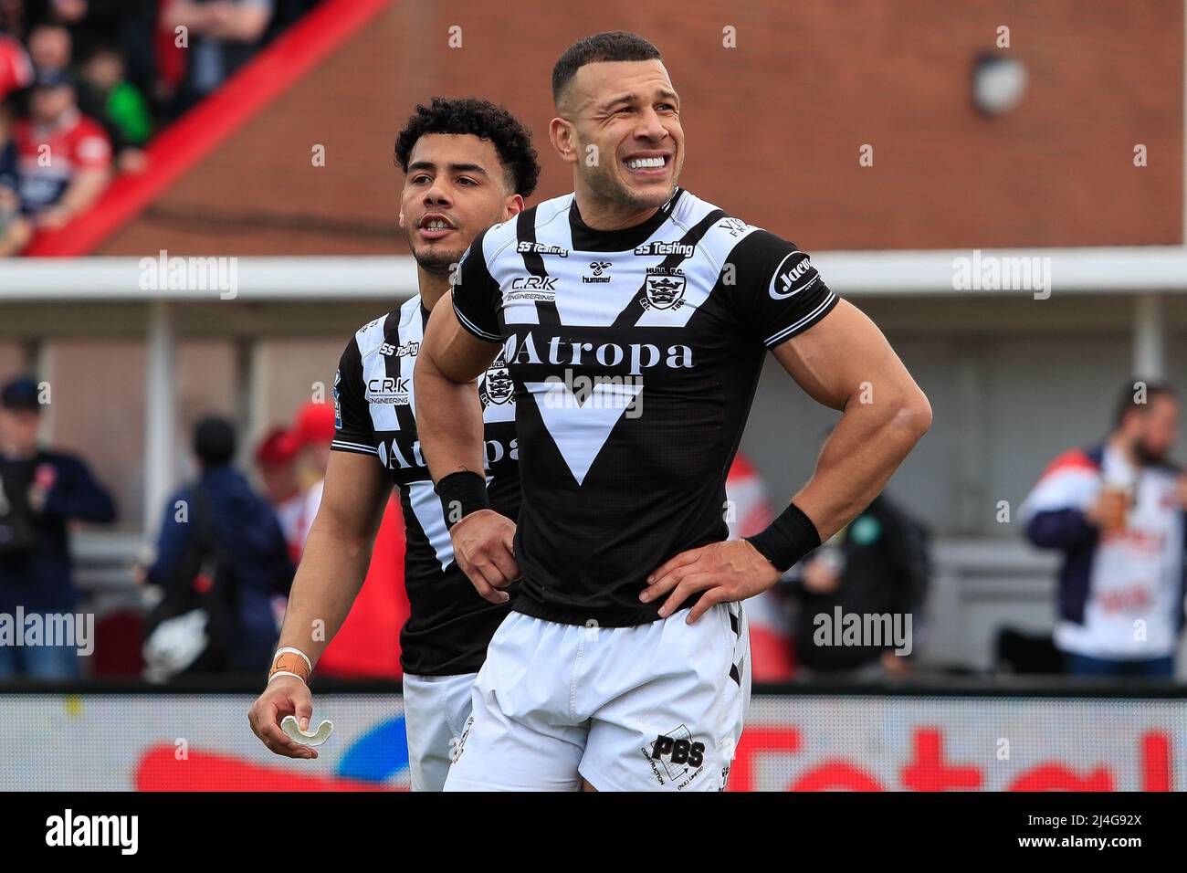 Carlos Tuimavave #3 of Hull FC gestures and reacts during the game ...