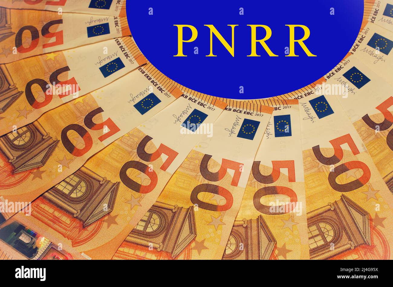 European banknotes with the text "PNRR" in a blue and yellow colours ...