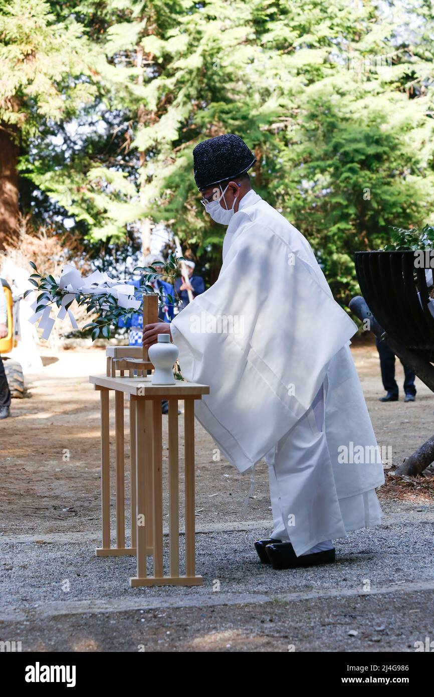 iida, nagano, japan, 2022/09/04 ,Shinto priest celebrating the final ...