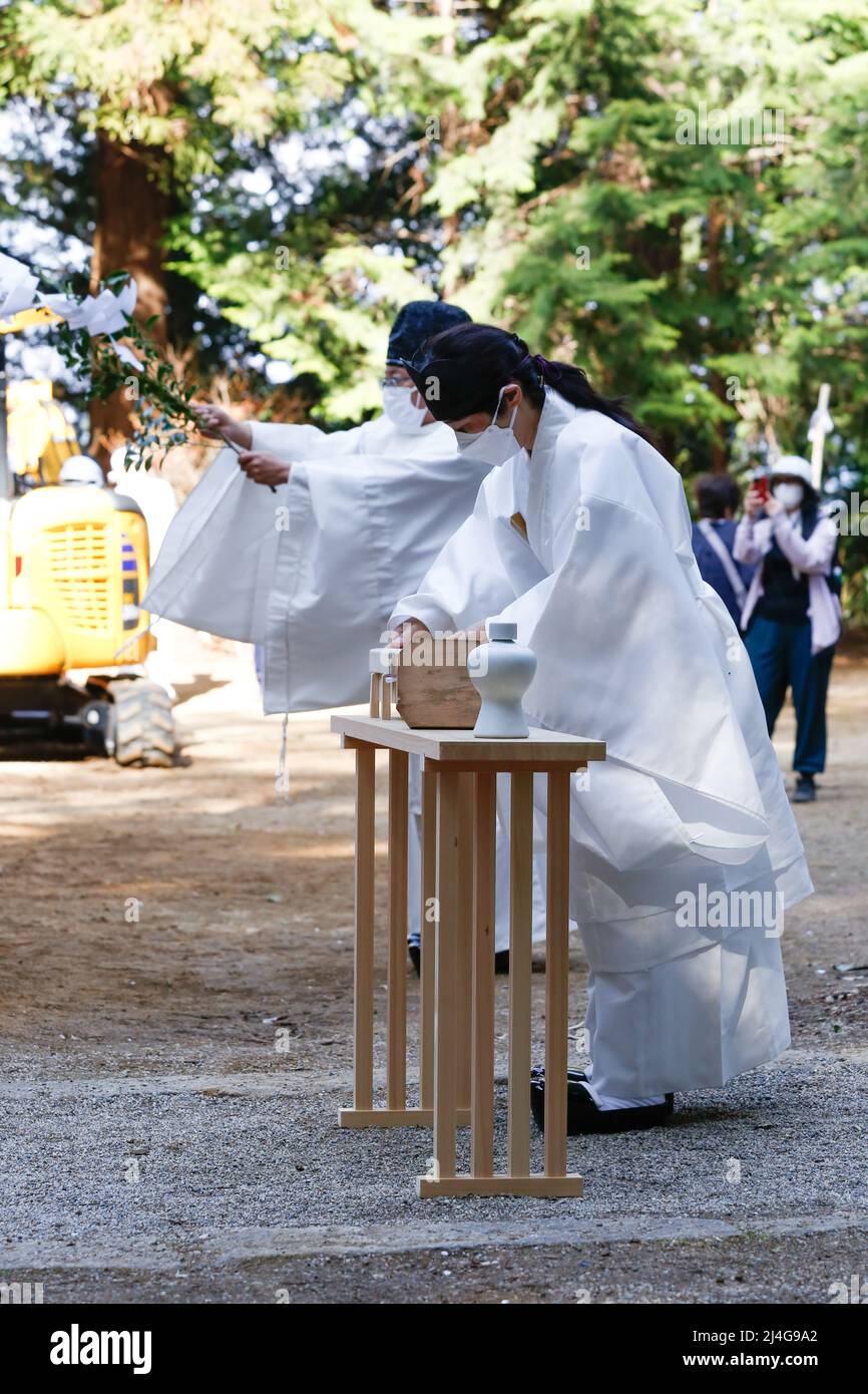 iida, nagano, japan, 2022/09/04 ,Shinto priest celebrating the final ...