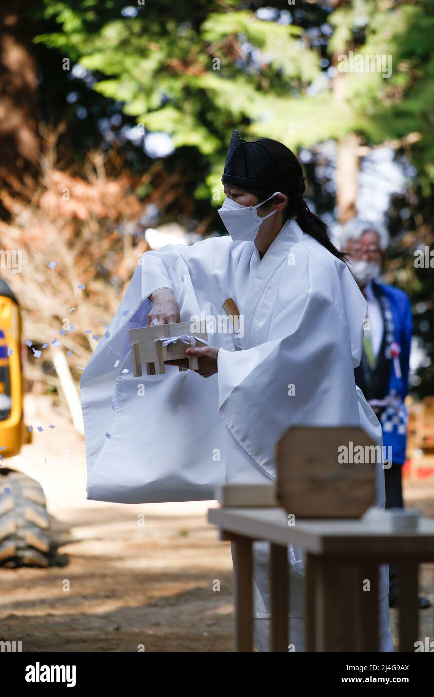 iida, nagano, japan, 2022/09/04 ,Shinto priest celebrating the final ...