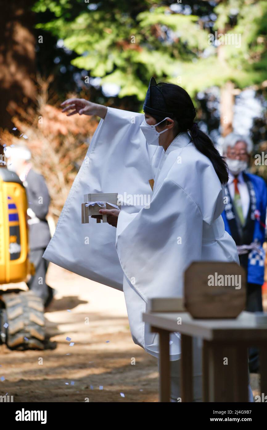 iida, nagano, japan, 2022/09/04 ,Shinto priest celebrating the final ...