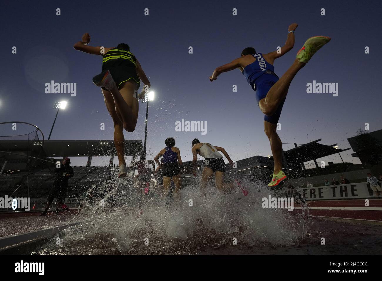 Runners Race Over The Water Jump In The Invitational Steeplechase