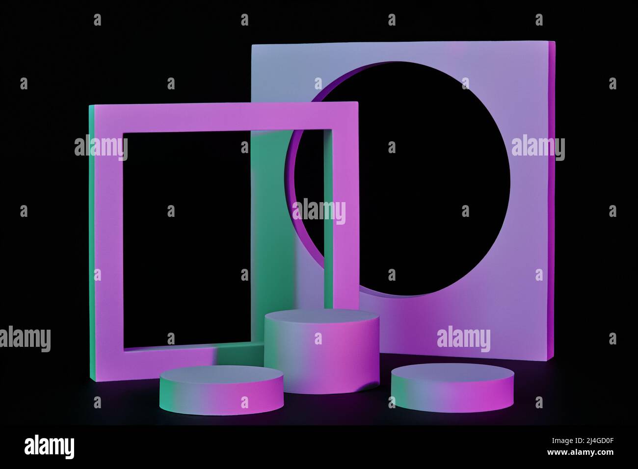 Purple cylindrical platforms and vertical frames on black background ...