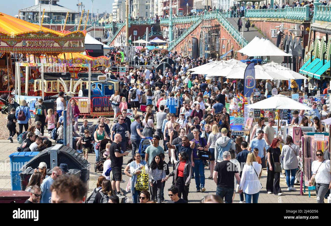 Brighton UK 15th April 2022 - Thousands of visitors enjoy the hot ...