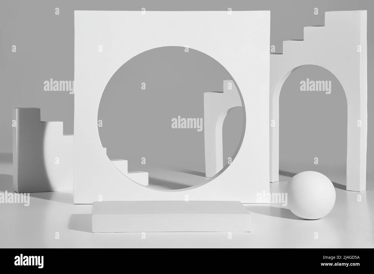 Square platform and geometric elements with steps, arched and round ...