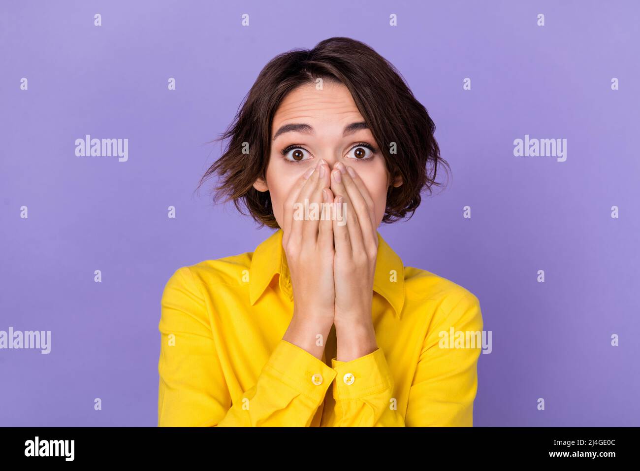 Photo of stressed young brunette lady close face wear shirt isolated on ...